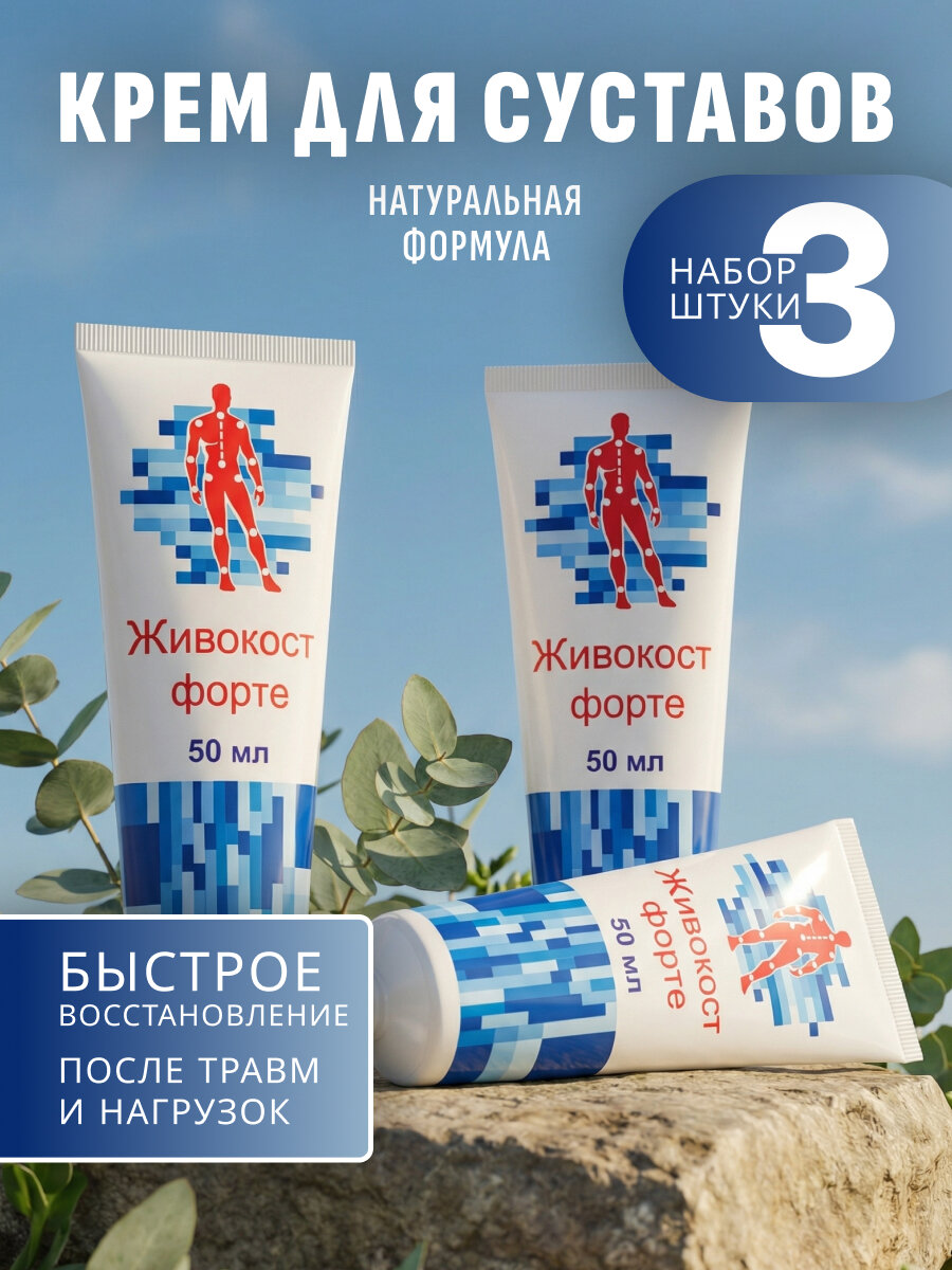 Живокост Форте: крем для спины и суставов, устранение дискомфорта, натуральный состав, 3 шт, по 50 мл