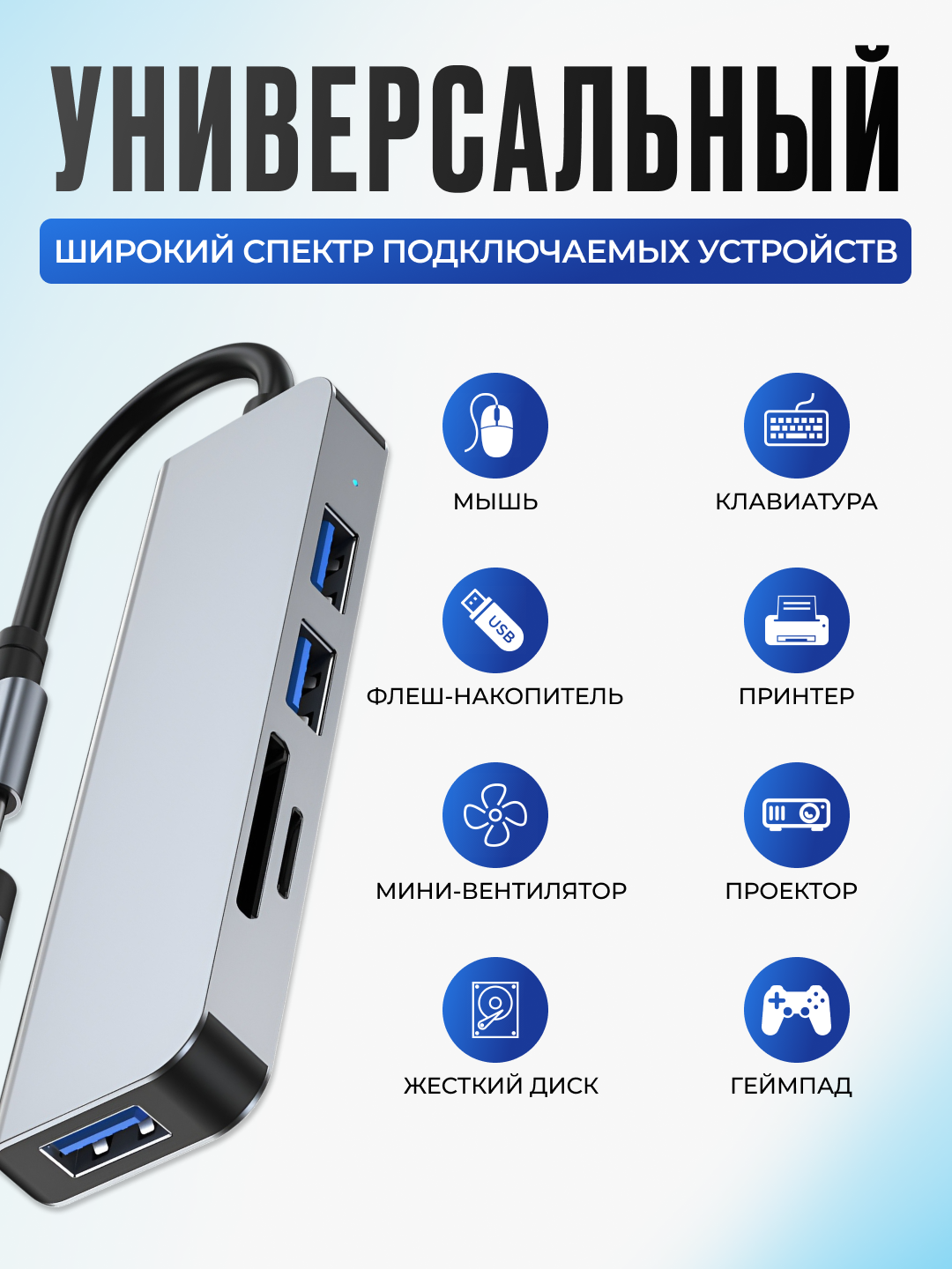 USB HUB 5 в 1 разветвитель USB type-c и SD card. Разветвитель юсб хаб для ноутбука — фото 1