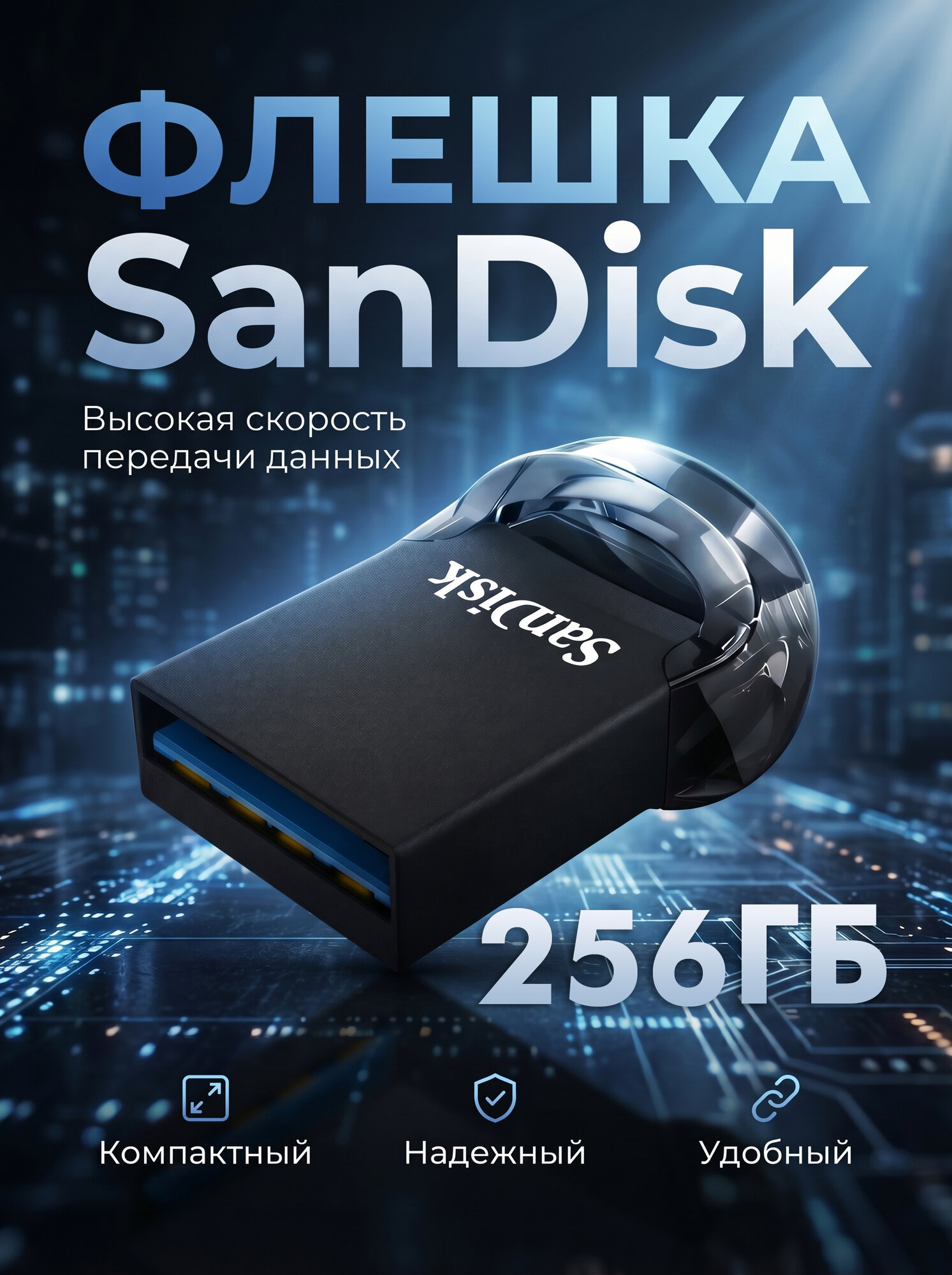 Флеш-накопитель SanDisk Ultra Fit USB 3.2, 256 ГБ, черный компактная