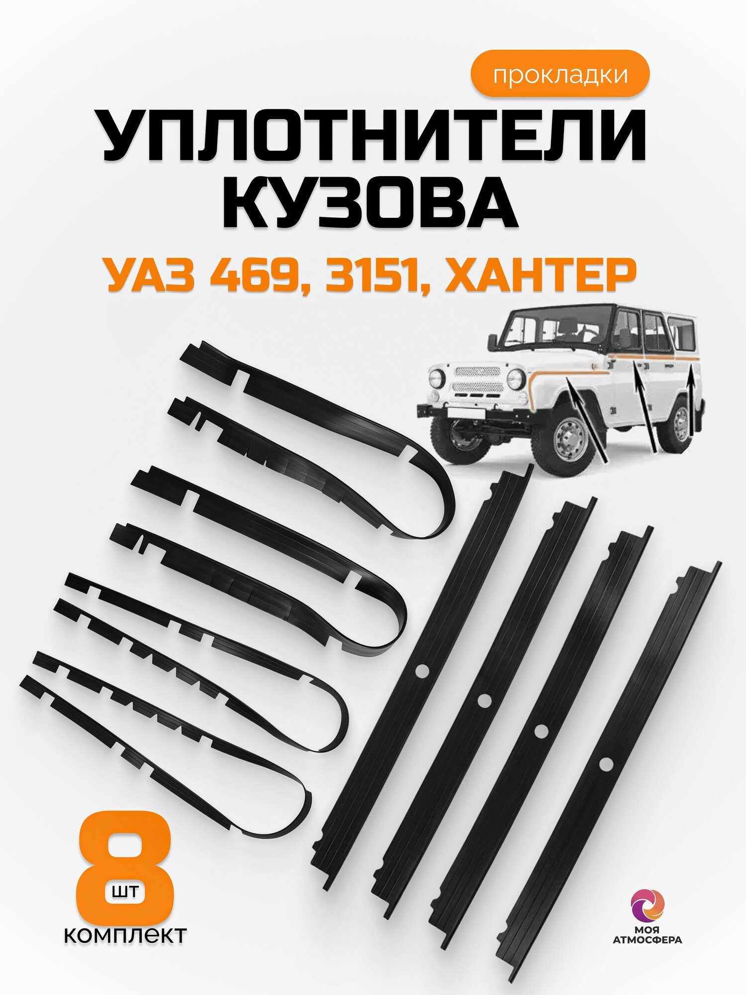 Уплотнители (прокладки) кузова УАЗ 469, 3151, Хантер (резина) (к-т 8 шт)