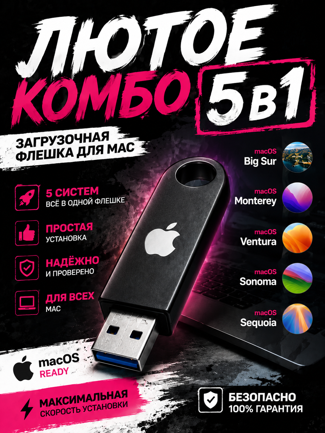 5 в 1 / Загрузочная флешка MacOS Big Sur + MacOS Monterey + MacOS Ventura + MacOS Sonoma + MacOS Sequoia, MacOS (пять в одном)