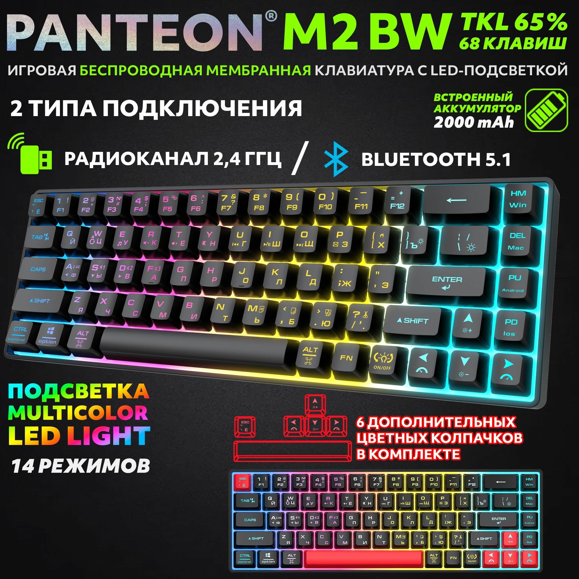 Клавиатура PANTEON M2 BW Black (165) , подсветка, беспроводная, мембранная