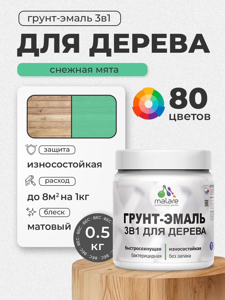 Акриловая Грунт-Эмаль 3 в 1 Malare для деревянных поверхностей/ краска по дереву с антисептическим эффектом/ быстросохнущая моющаяся без запаха матовая, снежная мята, 0.5 кг
