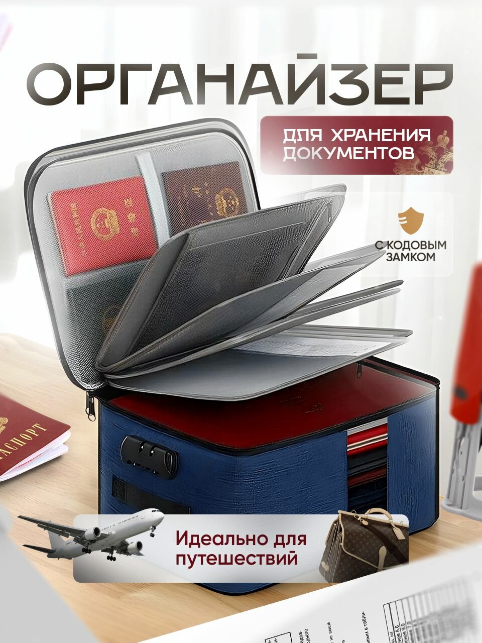Органайзер для документов А4 с кодовым замком, семейный, синий