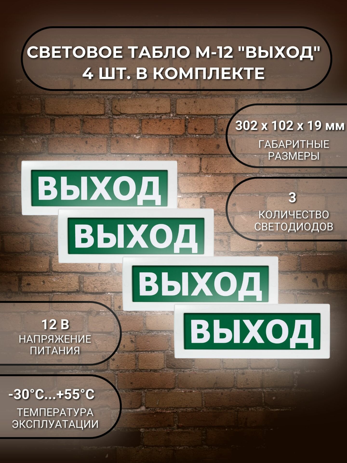 Световое табло "Выход" (оповещатель охранно-пожарный световой) МОЛНИЯ-12 комплект 4 шт.
