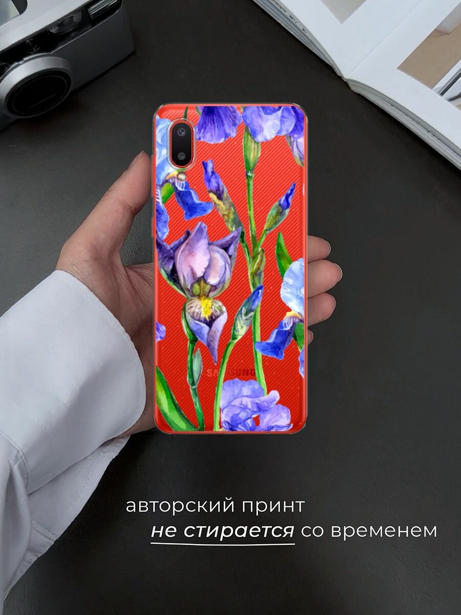 Чехол на Samsung Galaxy A02 / Самсунг Галакси А02 с принтом "Синие ирисы", прозрачный — фото 1