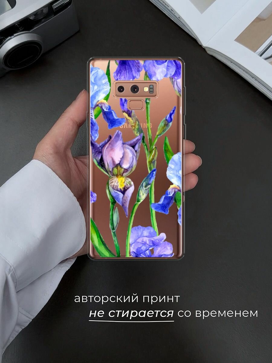Чехол на Samsung Galaxy Note 9 / Самсунг Галакси Нот 9 с принтом "Синие ирисы", прозрачный — фото 1