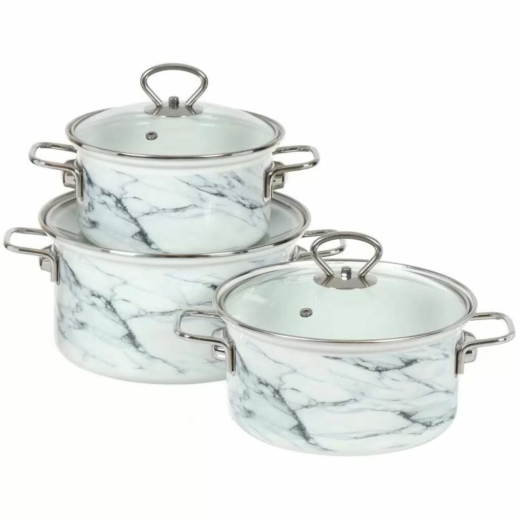 Набор кастрюль Керченский металлургический завод Белый мрамор-1 Элит, эмалированная сталь, 6 предметов, для индукции, с крышками
