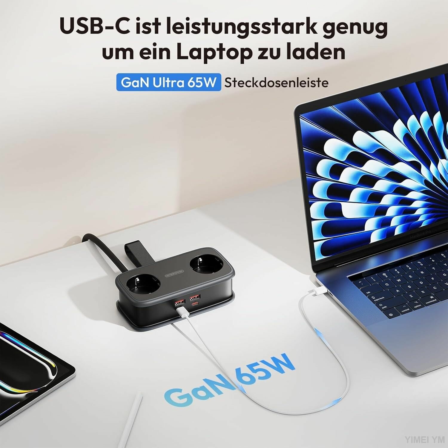 Сетевой фильтр NTONPOWER APP удлинитель евро-розетка с 2 USB-A 2 USB-C, 65 Вт PD GaN зарядка 2500 Вт, 1,5 м черный