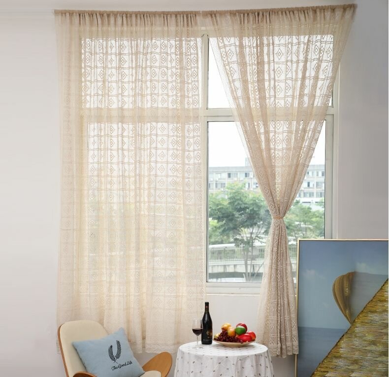 Штора вязаная, кружевная, хлопковая 180 х 220 / Тюль ажурный из хлопка в стиле ретро, винтаж, кантри