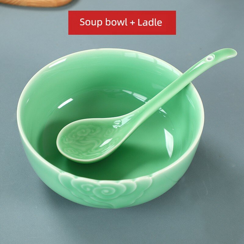 Полный набор: керамическая чаша Longquan Celadon с большой ложкой в малиново-зеленом цвете - премиальная посуда для
