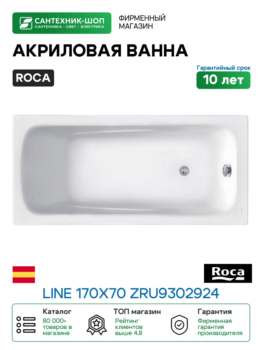 Акриловая ванна Roca Line 170x70 ZRU9302924 без гидромассажа