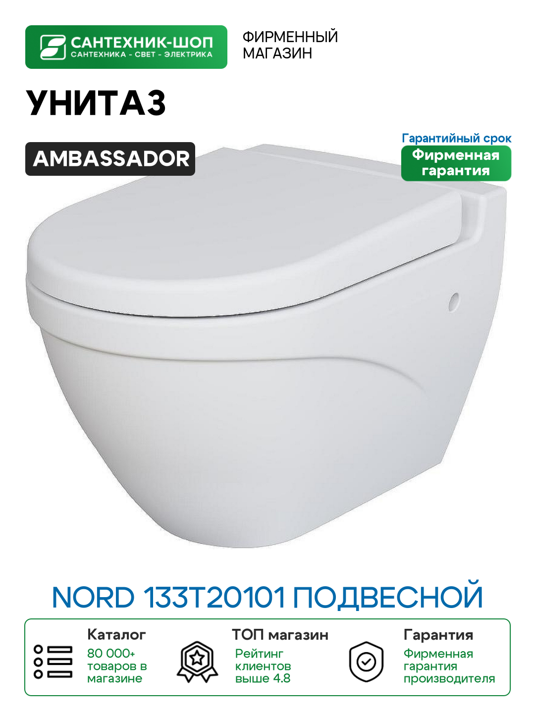 Унитаз Ambassador Nord 133T20101 подвесной Белый матовый без сиденья фарфор подвесной