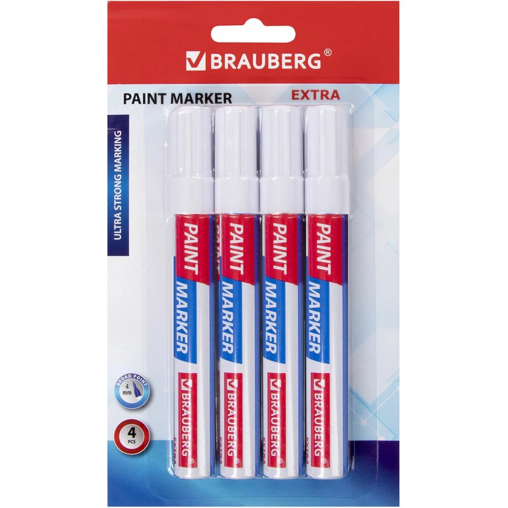 Лаковый маркер-краска BRAUBERG EXTRA paint marker 4 мм, белые, набор 4 шт, 152000