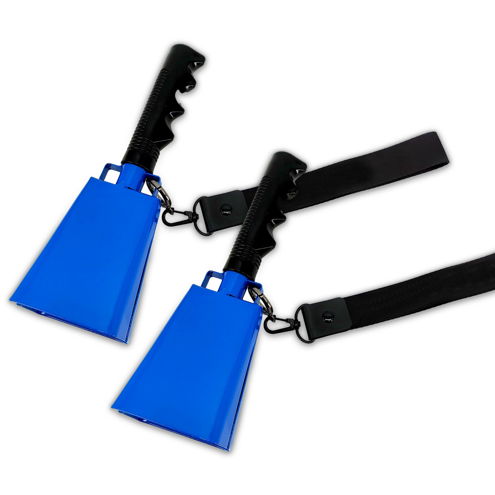 2 Pack колокольчики коровьи с ручкой для футбольных матчей ранчо спортивных мероприятий вечеринок концертов 9 дюймов с ремнем на запястье ударные музыкальные инструменты из металла украшения школьные ручные колокольчики черный белый синий красный