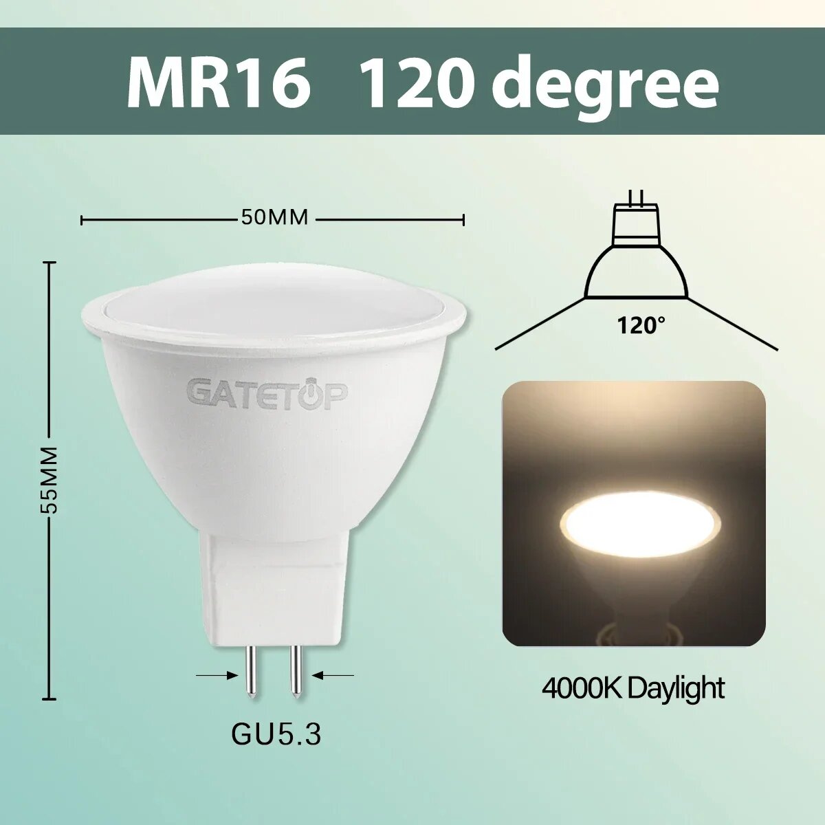 Энергосберегающий светодиодный прожектор Lampara GU5.3 DC12V 120 degrees 4000K, AC DC 12-24V, 7 Вт