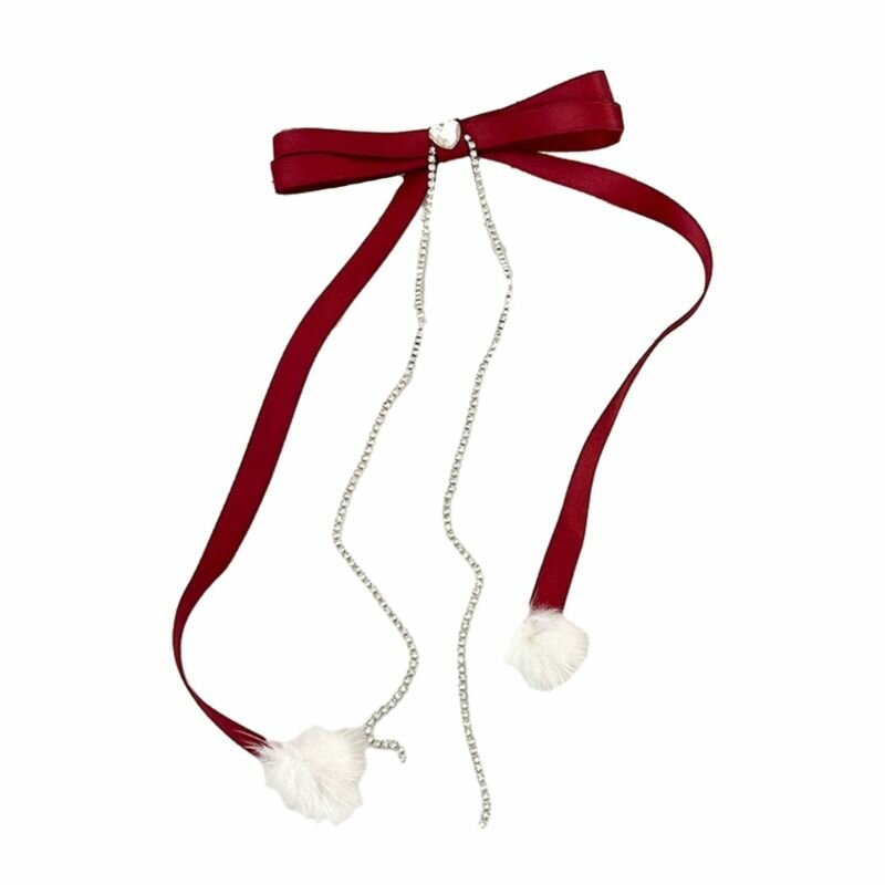 Заколка с бантом и помпонами, красный