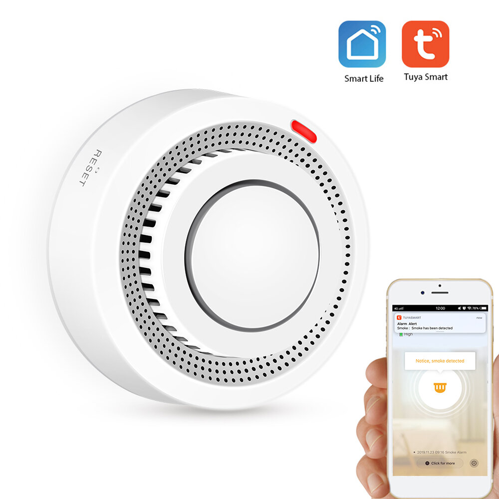 WIFI Smoke Detector Smart Fire Alarm Sensor Wireless Security System Smart Life Tuya APP Control Smart Home для дома кухня магазин отель фабрика, 2*LR03 DC3V, 15uA, 160mA, красный светодиод мигает, 80dB/M, 20 кв. м, WIFI, 2.4GHz, IEEE 802.11b/g/n, -10°C