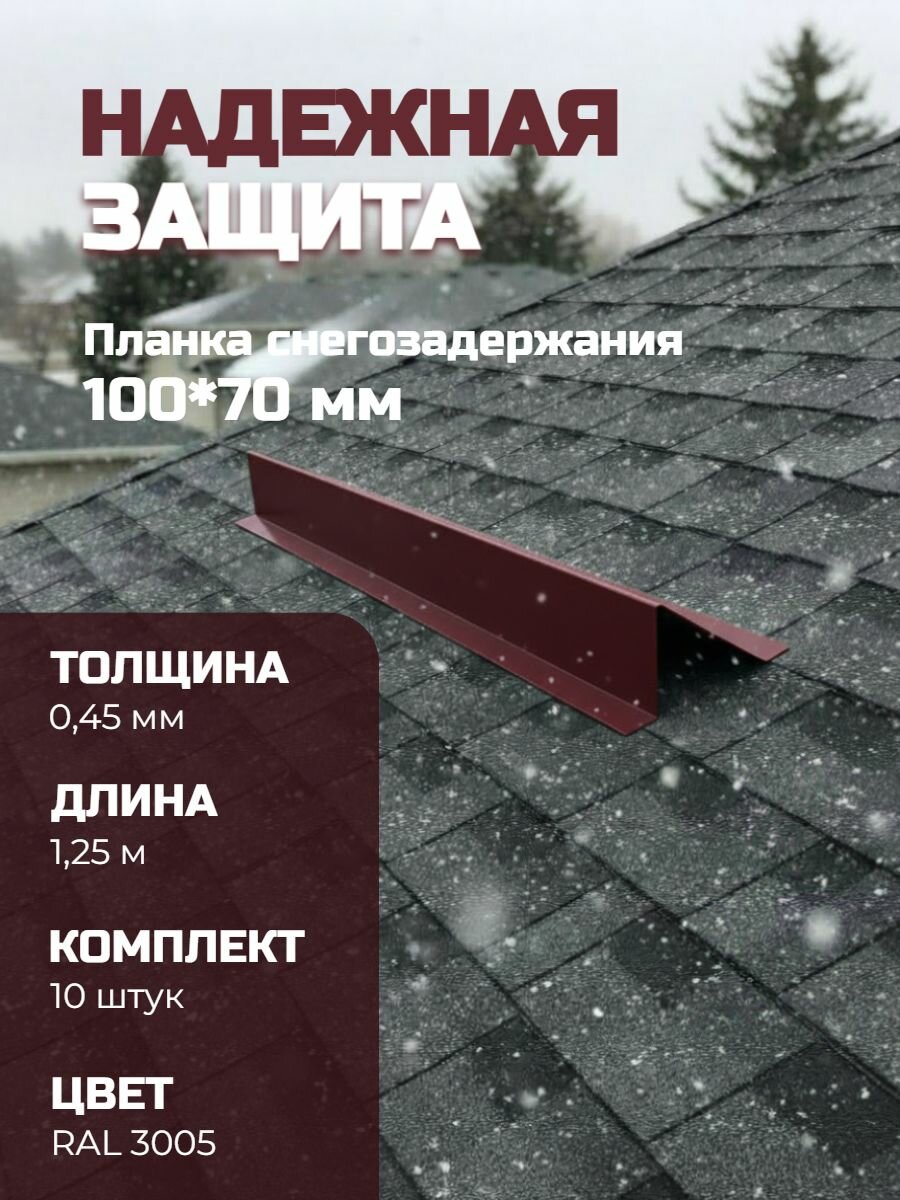 Универсальная планка снегозадержания 100*70 мм, длина 1.25 м, RAL 3005, 10 штук