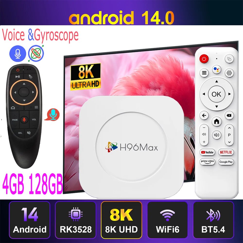 Android 14.0 RK3528 Quad Core Wifi6 8K HDR LAN 100M BT5.4 Voice Assistant 4GB 128GB Media Player Smart TV Box H96 Max M1 Plus