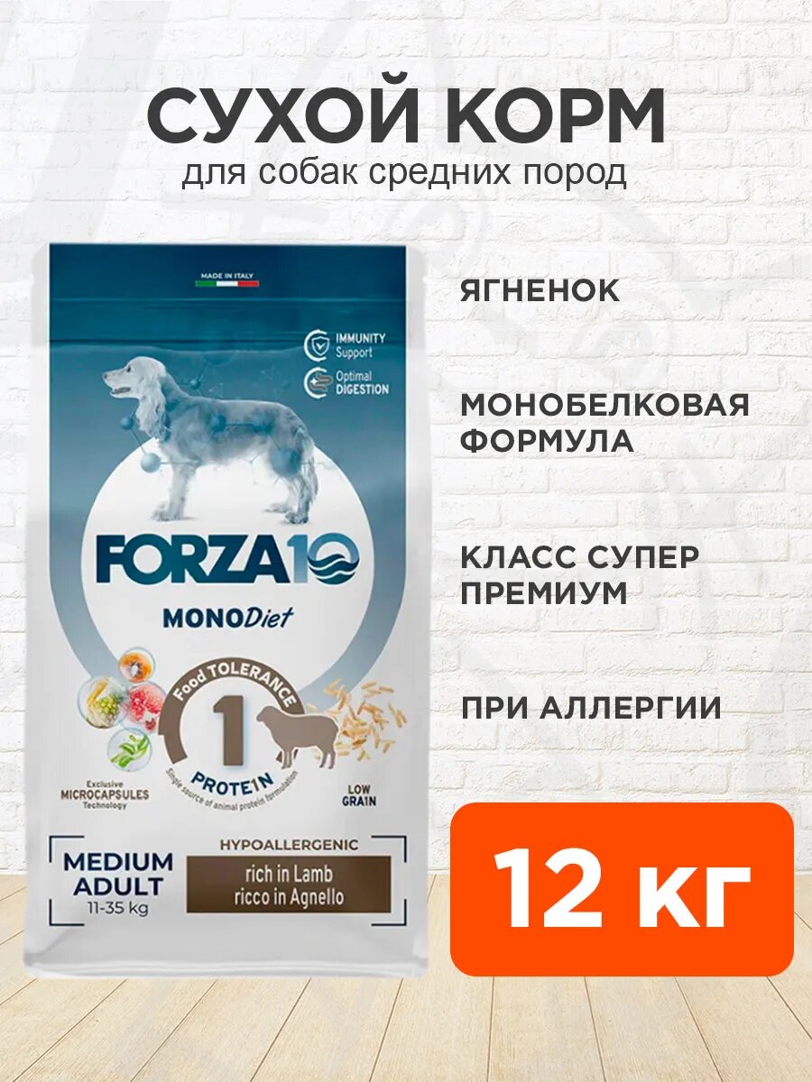 Корм сухой Forza10 Dog Medium Monodiet Lg для взрослых собак средних пород при аллергии с ягненком, 12 кг