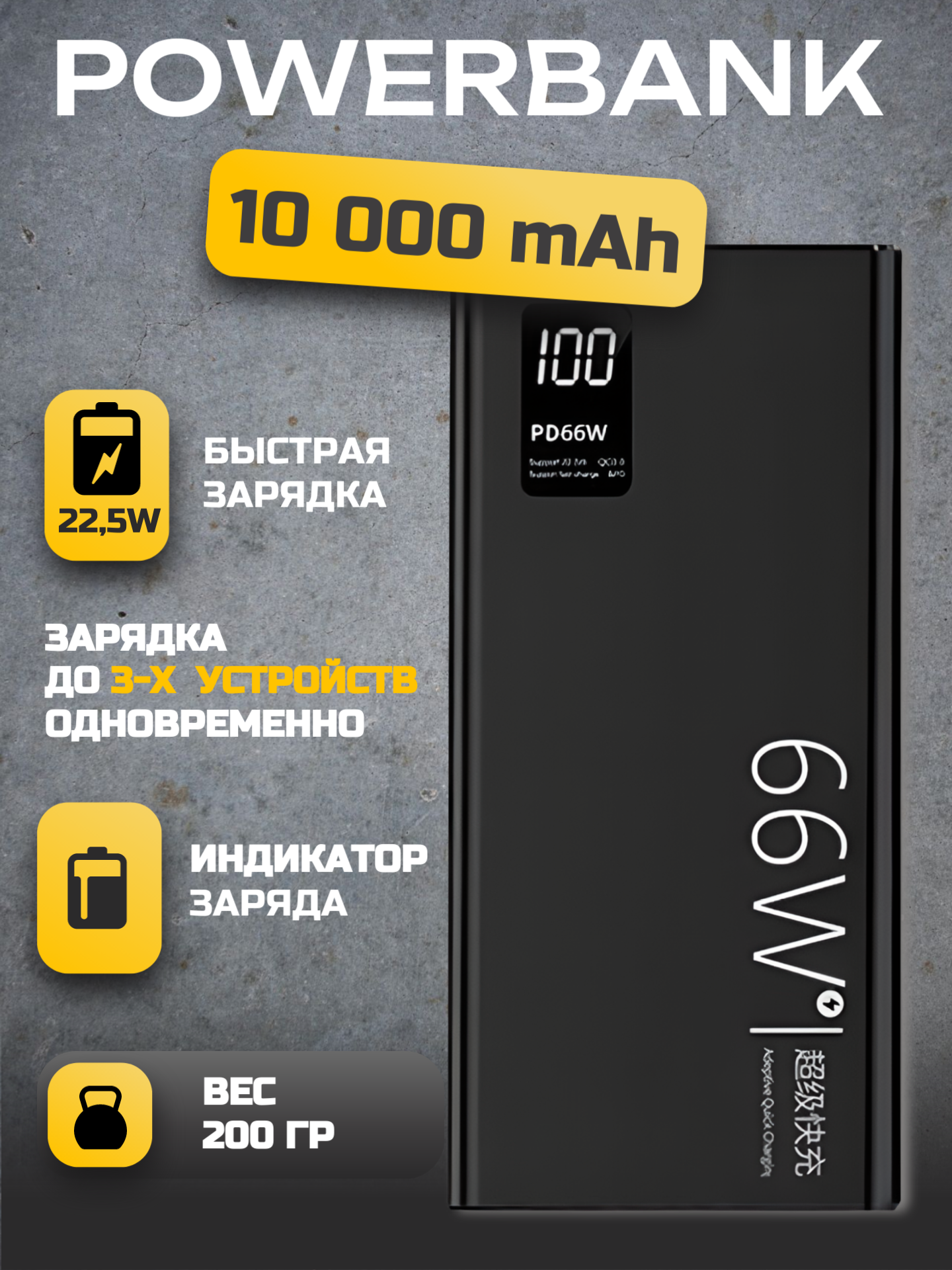 Повербанк Powerbank 10000mah с быстрой зарядкой, внешний аккумулятор для телефона iPhone, Xiaomi, Samsung, черный