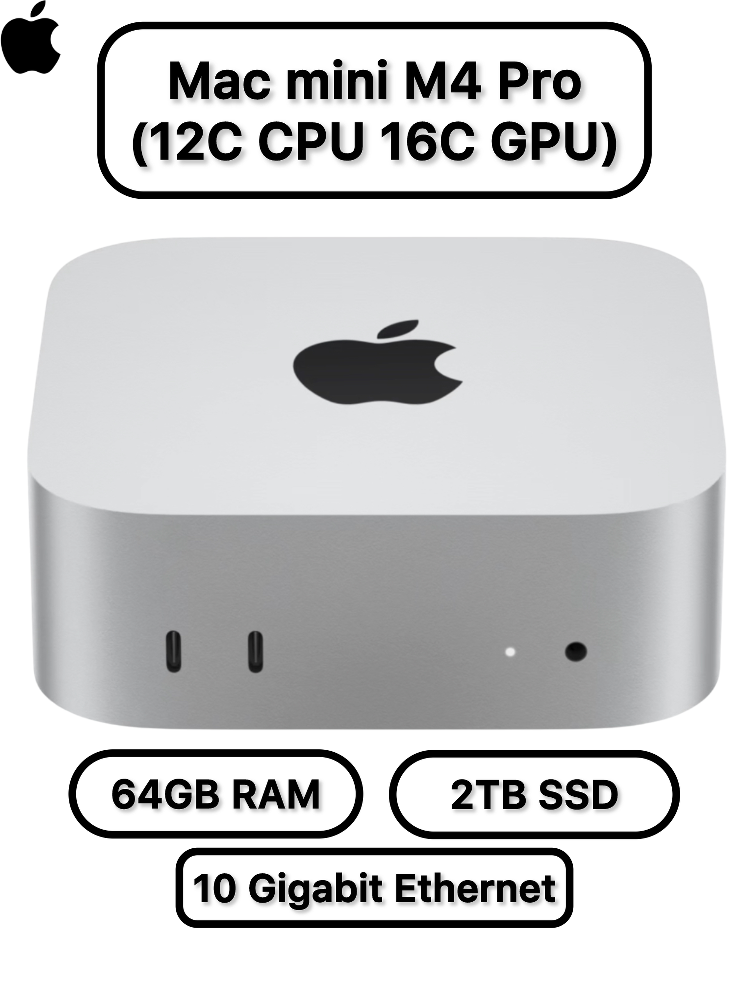 Мини компьютер Apple Mac Mini M4 Pro 2024 12C CPU, 16C GPU, 64GB RAM, 2TB SSD, 10 Gigabit Ethernet, Z1JV000YJ