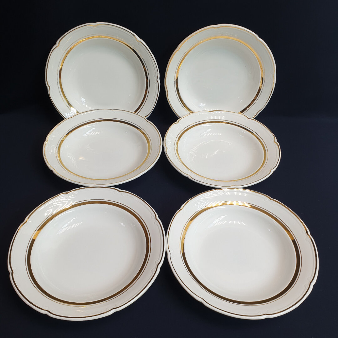 Набор суповых тарелок 6 шт, ЗИК Конакова, фаянс, позолота. Винтаж, СССР.
