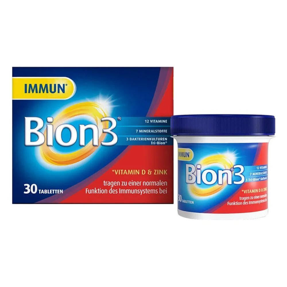 Bion 3 INMUN Тройной эффект для иммунной системы, 30 таблеток, витамин C, D и цинк в сочетании с бактериями кишечной флоры