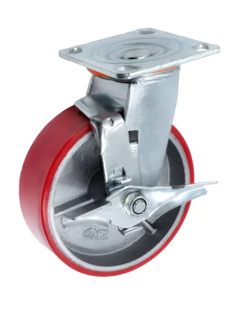 Ролик большегрузный полиуретан чугун ZipFit SCPB42 с платформой поворотный с тормозом d100-200кг