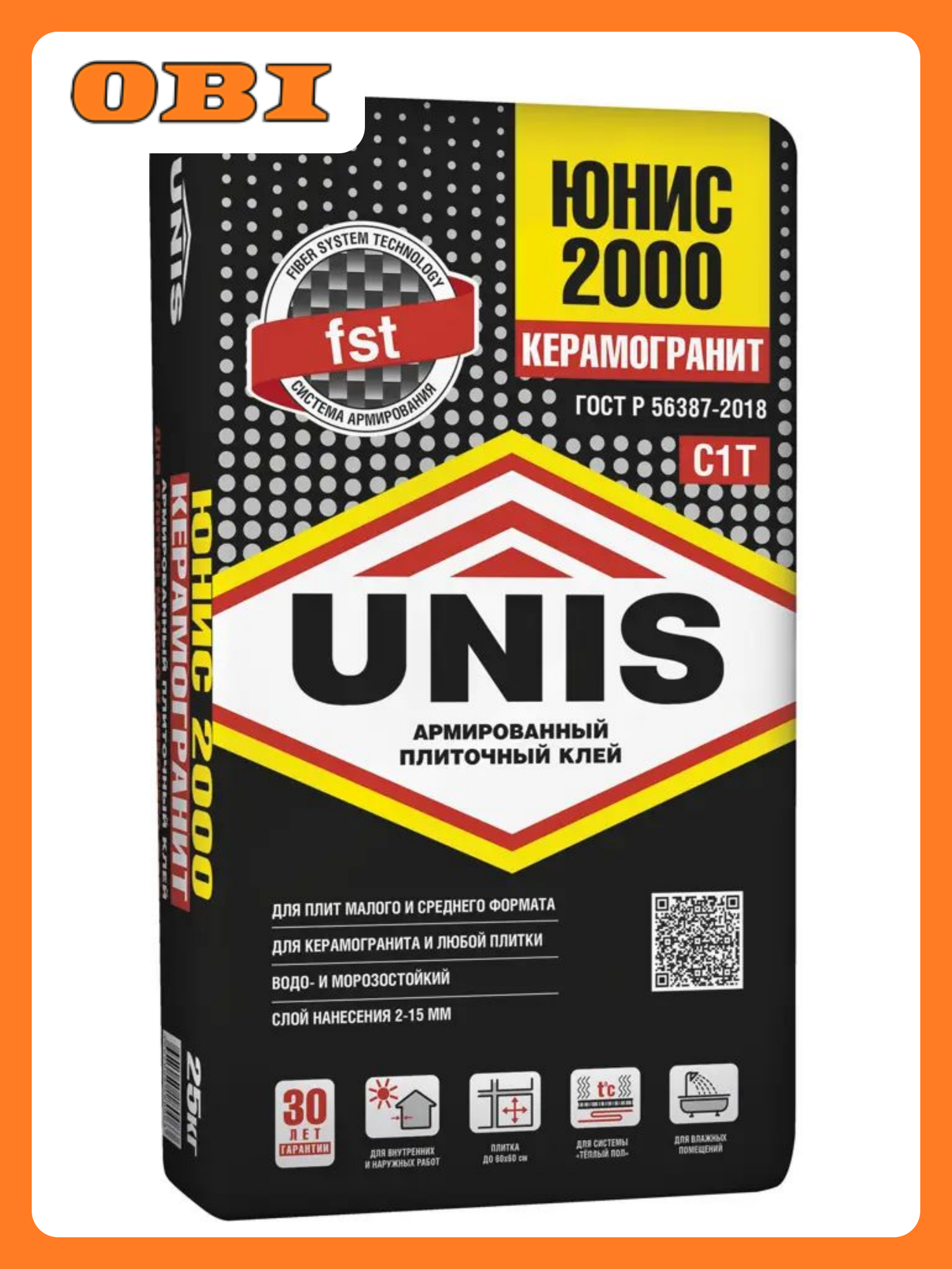 Клей плиточный UNIS 2000, для всех типов плитки, серый, 25 кг