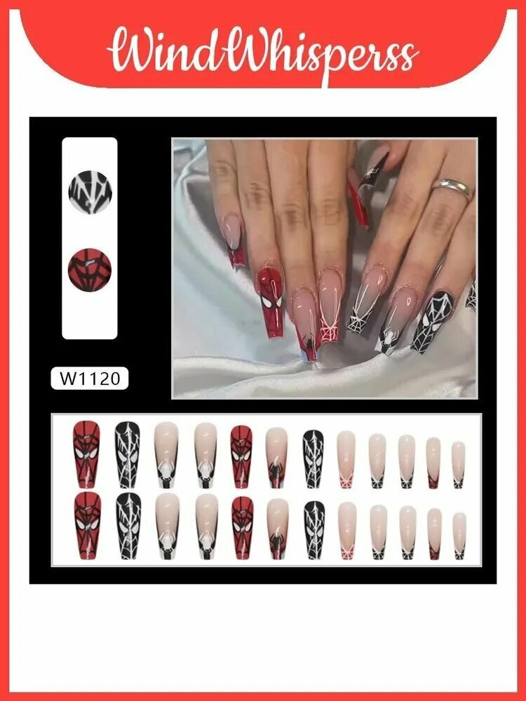 Длинные накладные ногти балерина с дизайном Человека-паука