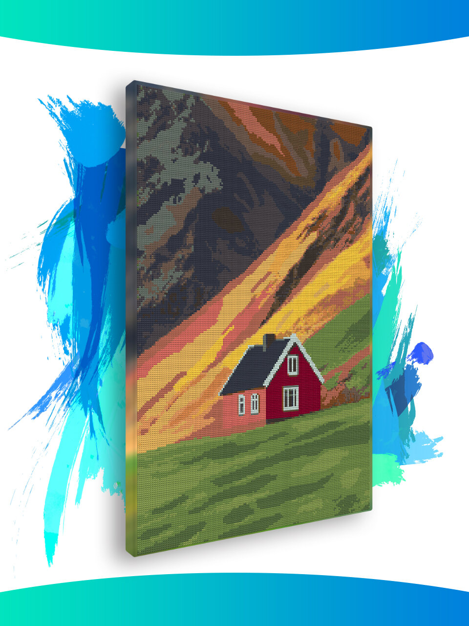 Алмазная мозаика на подрамнике - вышивка Пейзаж с красным домом 40 х 60 см