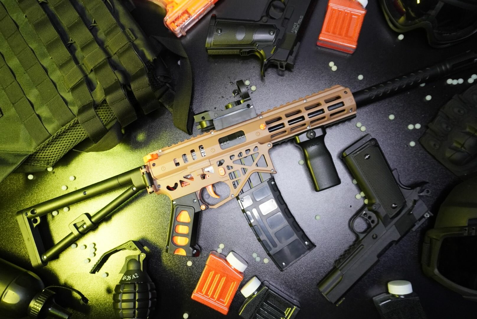 Автомат орбиз PDW скелетный, стреляет мягкими шариками, гидрогеилевый автомат, гидробольный PDW, песочный