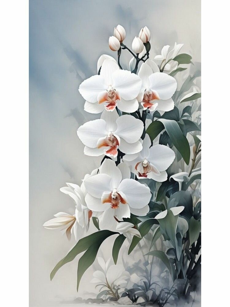 Алмазная картина "Белые цветы орхидеи" / Алмазная вышивка / Круглые стразы 40х50 см