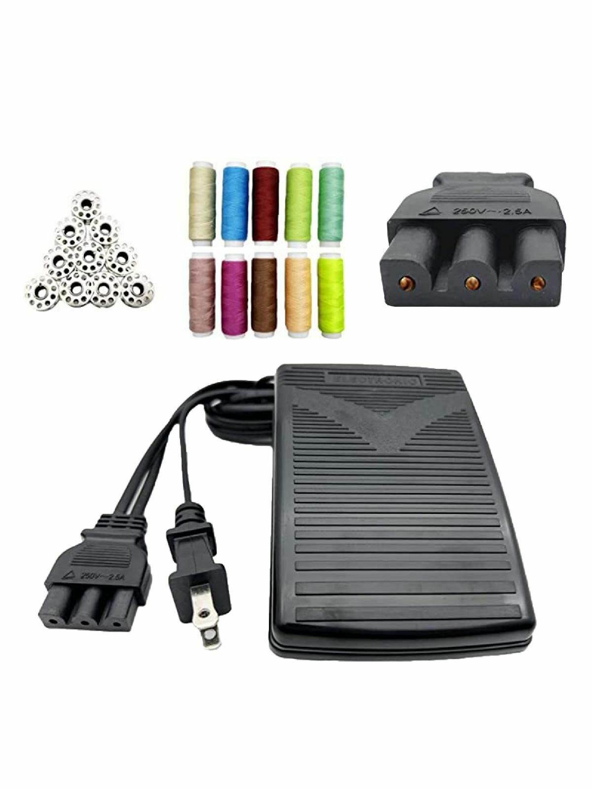 Педаль и шнур питания для швейной машины с нитками и катушками