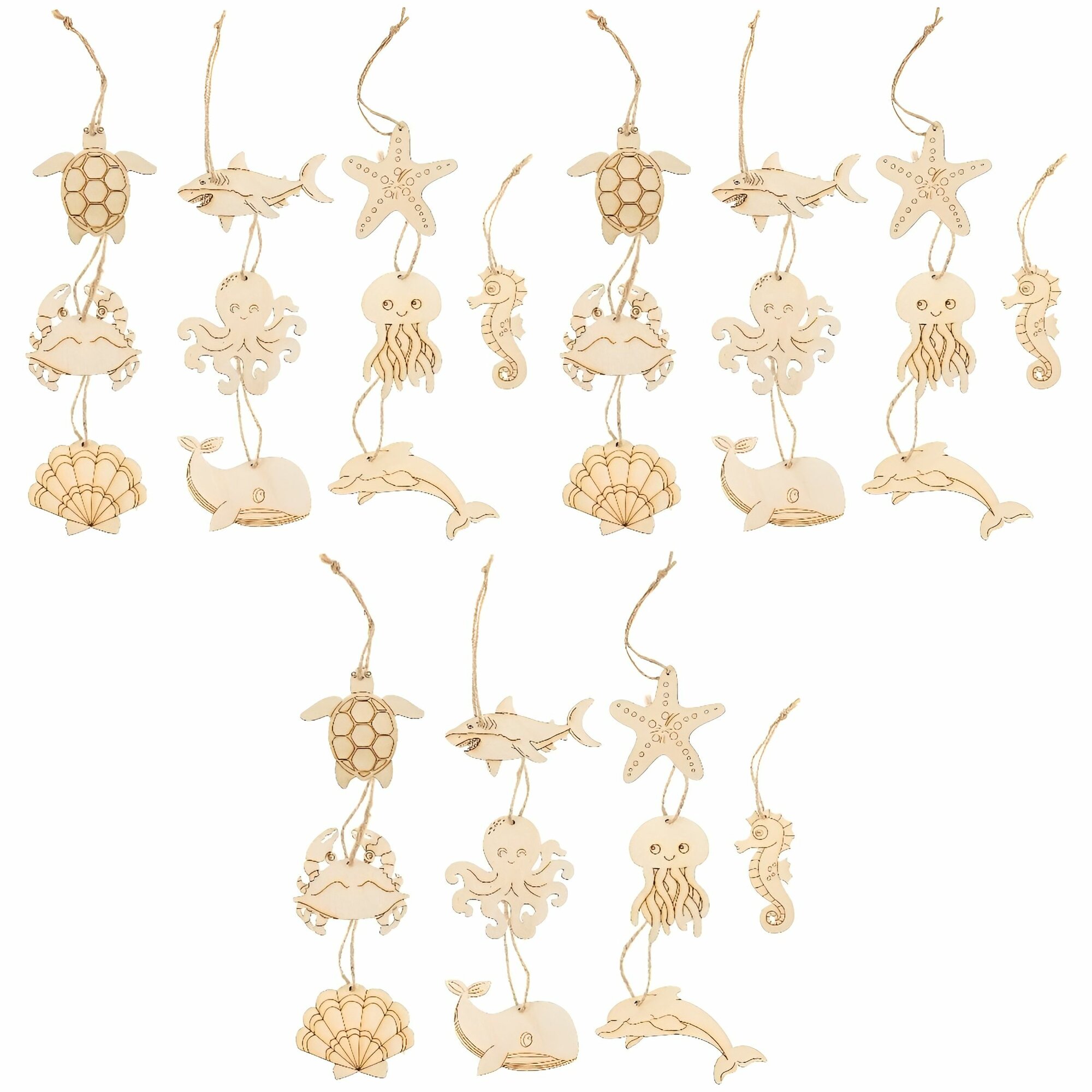 Набор деревянных фигурок в форме морских животных из дерева и джутового шпагата для декора и творчества, 180 шт