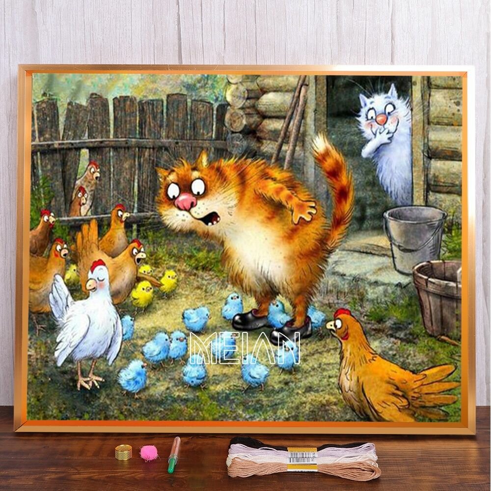 Эксклюзивный набор для вышивки 40x30 см MEIAN, сюжет мультяшного кота на чистом холсте 14CT