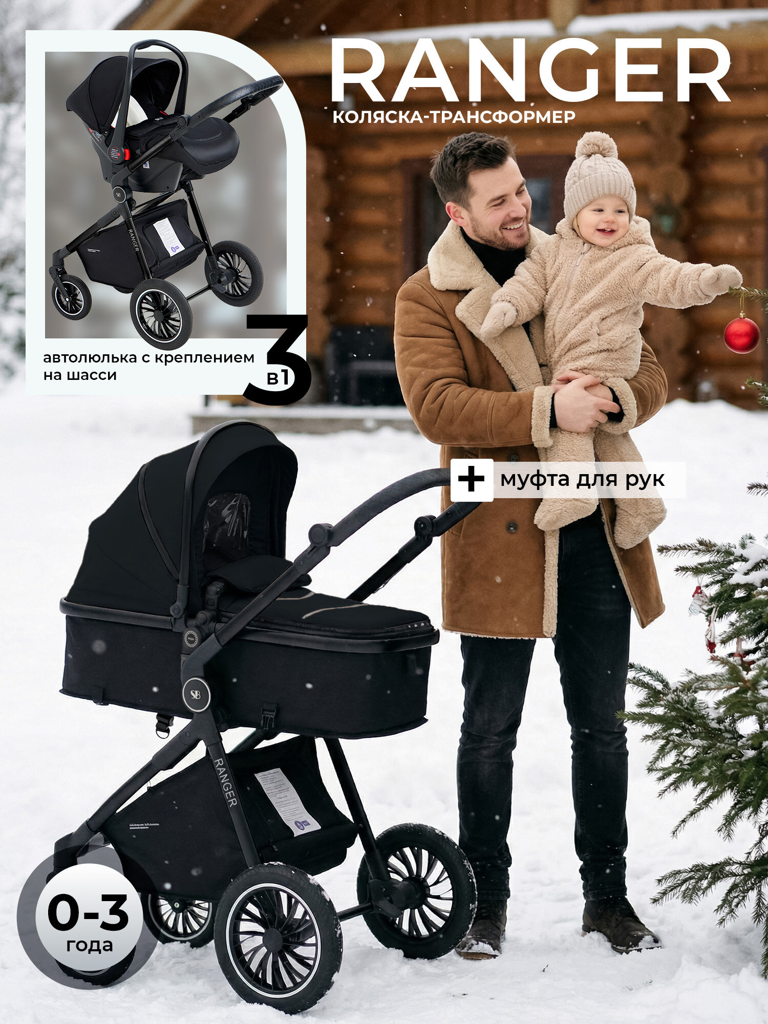 Коляска 3 в 1 для новорожденных трансформер Sweet Baby Ranger Neo Black Glossy