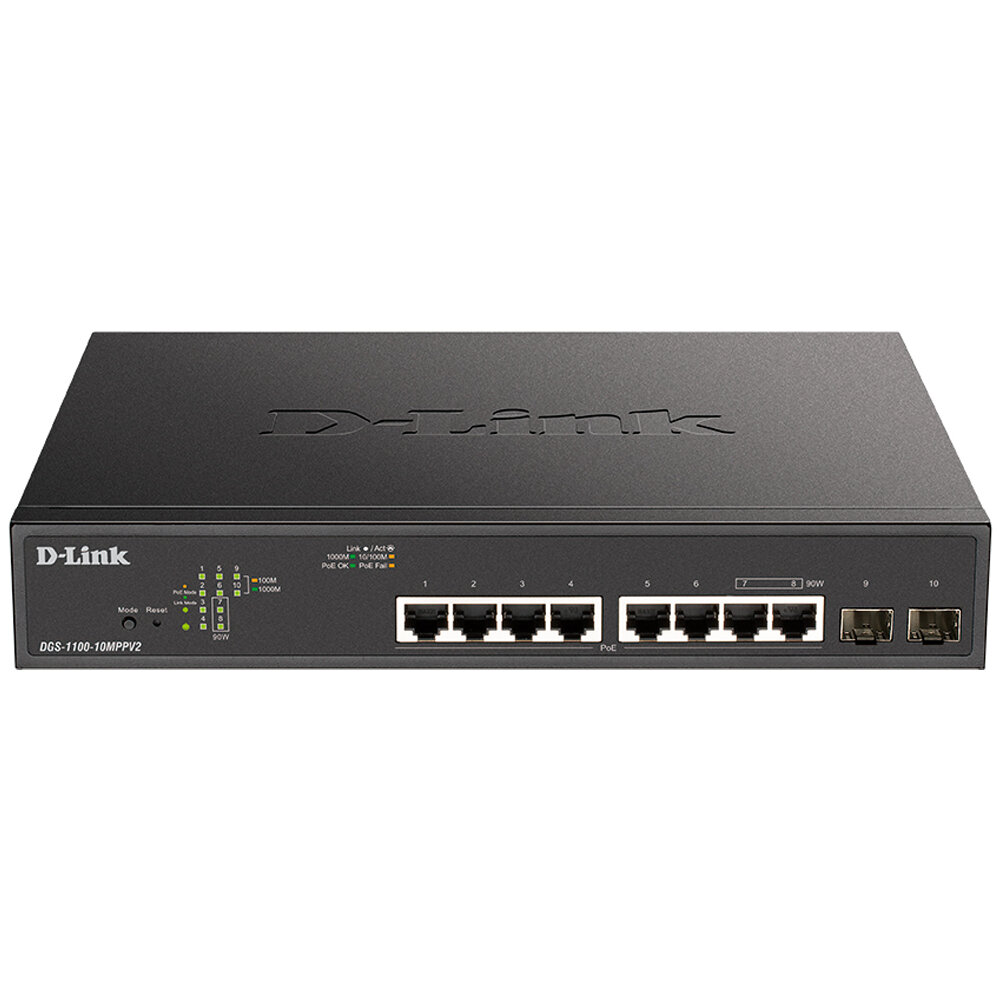 Коммутатор D-Link DGS-1100-10MPPV2, 8 портов PoE, поддержка 20 Гб/сек