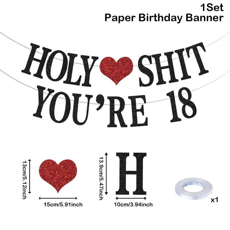 Черный баннер "Happy 18th Birthday", FENGRISE