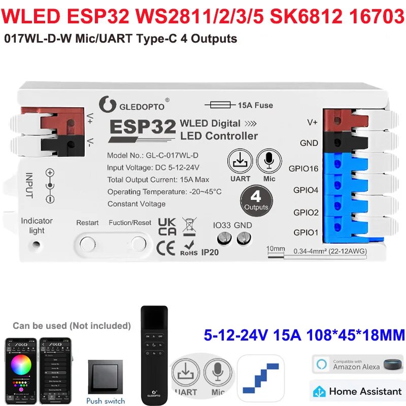 LED контроллер ESP32 WS2811/SK6812 4 канала, Mic, UART