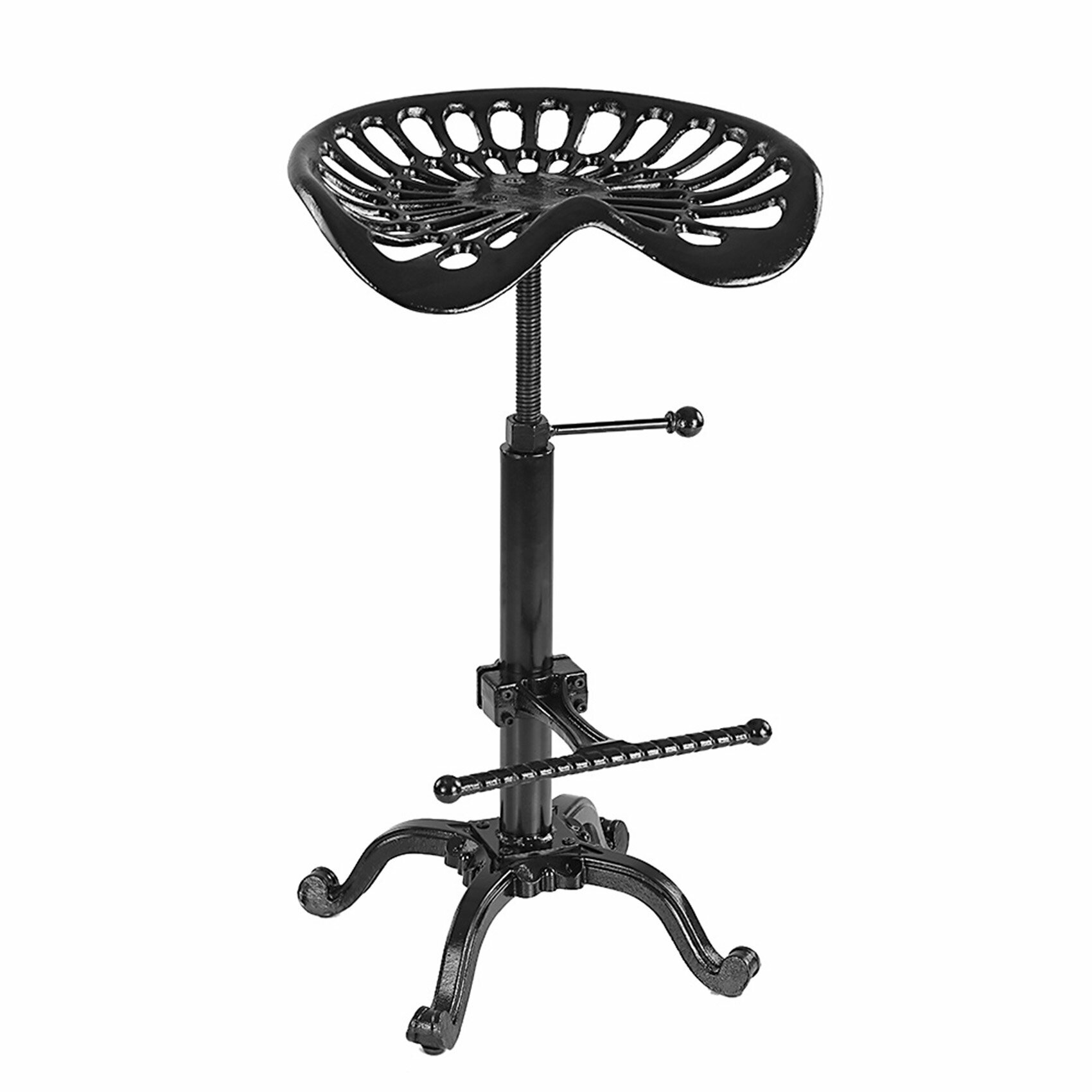 Стул барный тракторный из чугунной лавки индустриального стиля с регулируемой высотой на 15см, поворотным механизмом, металлическим ножками и подножкой, материал чугун и сталь, грузоподъемность 100кг, размеры сиденья 43*35см, размер стула