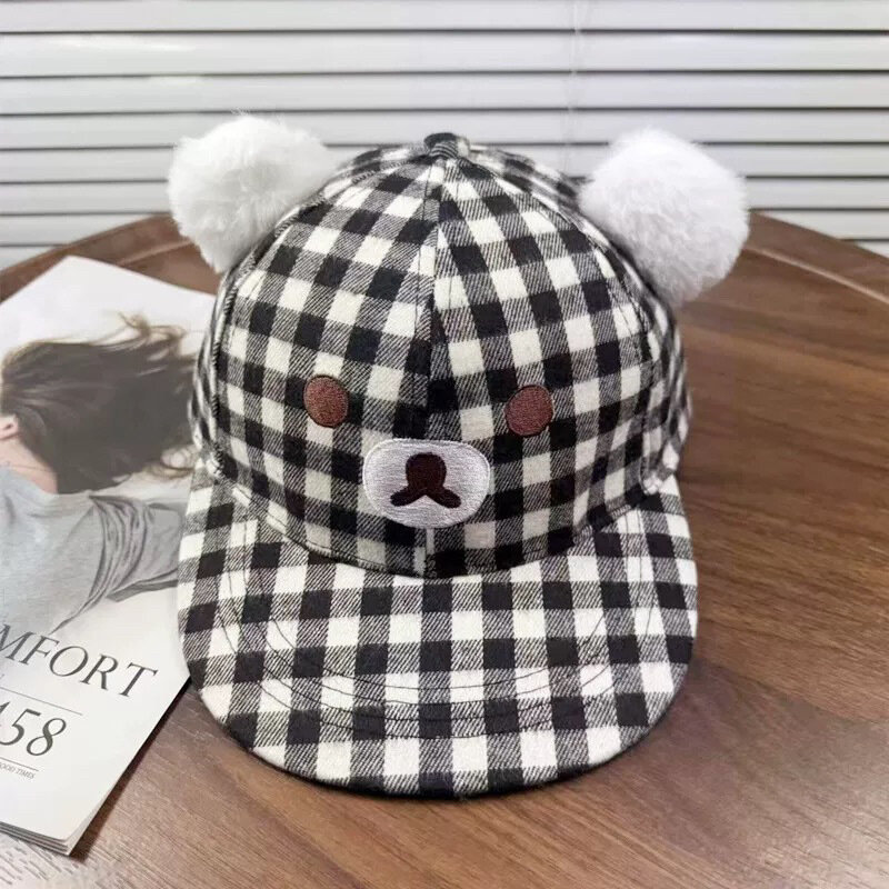 Нишевая домашняя бейсболка Kuma Rilakkuma в черно-белую клетку для женщин, кепка с милым мультяшным медведем и плюшевыми ушками