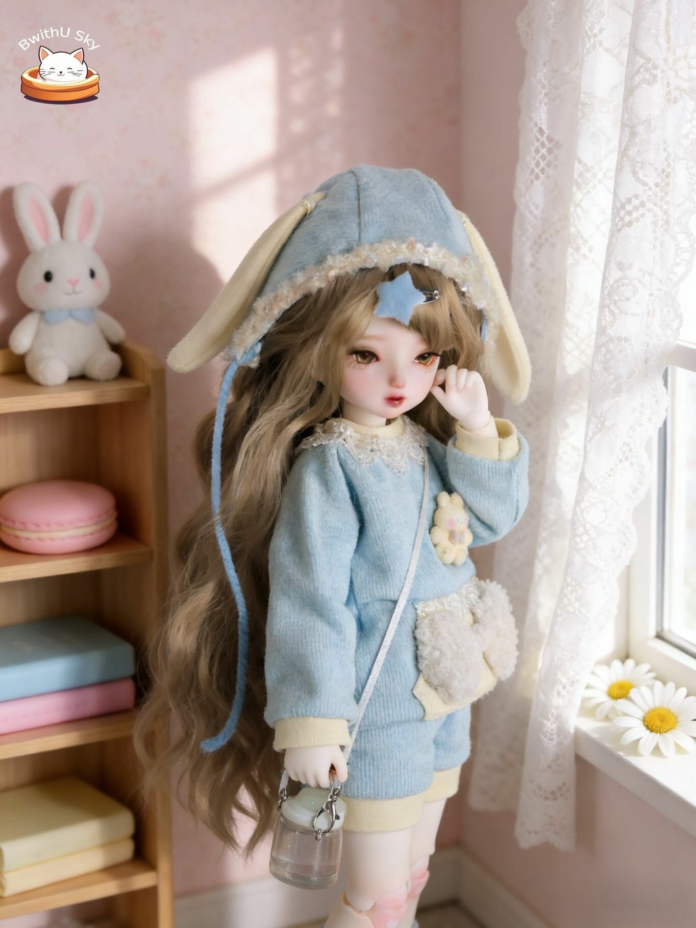 BwithUSky Finn 1/6 BJD Кукла: Милый Голубой Наряд с Кроличьими Ушками (Мягкий Стиль, Летний Дизайн)