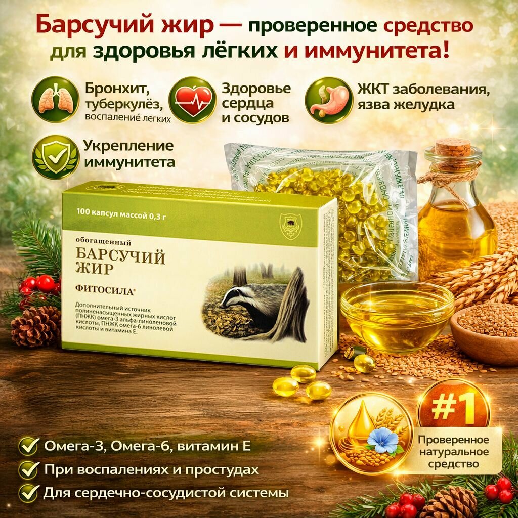 Барсучий жир обогащённый Фитосила Омега-3, Омега-6, витамин E, 100 капсул