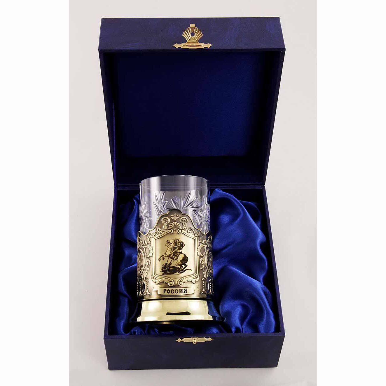 Подстаканник "Россия" дерев. футляр, хруст. стакан, латунь, гравировка ПД-5л-Георг