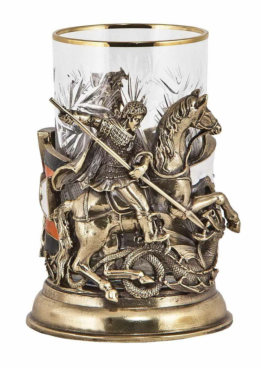 Подстаканник "Георгий-Победоносец" (цветные ювелирные эмали, стакан-хрусталь с золотым ободком, картонный футляр) ПДКО-329У