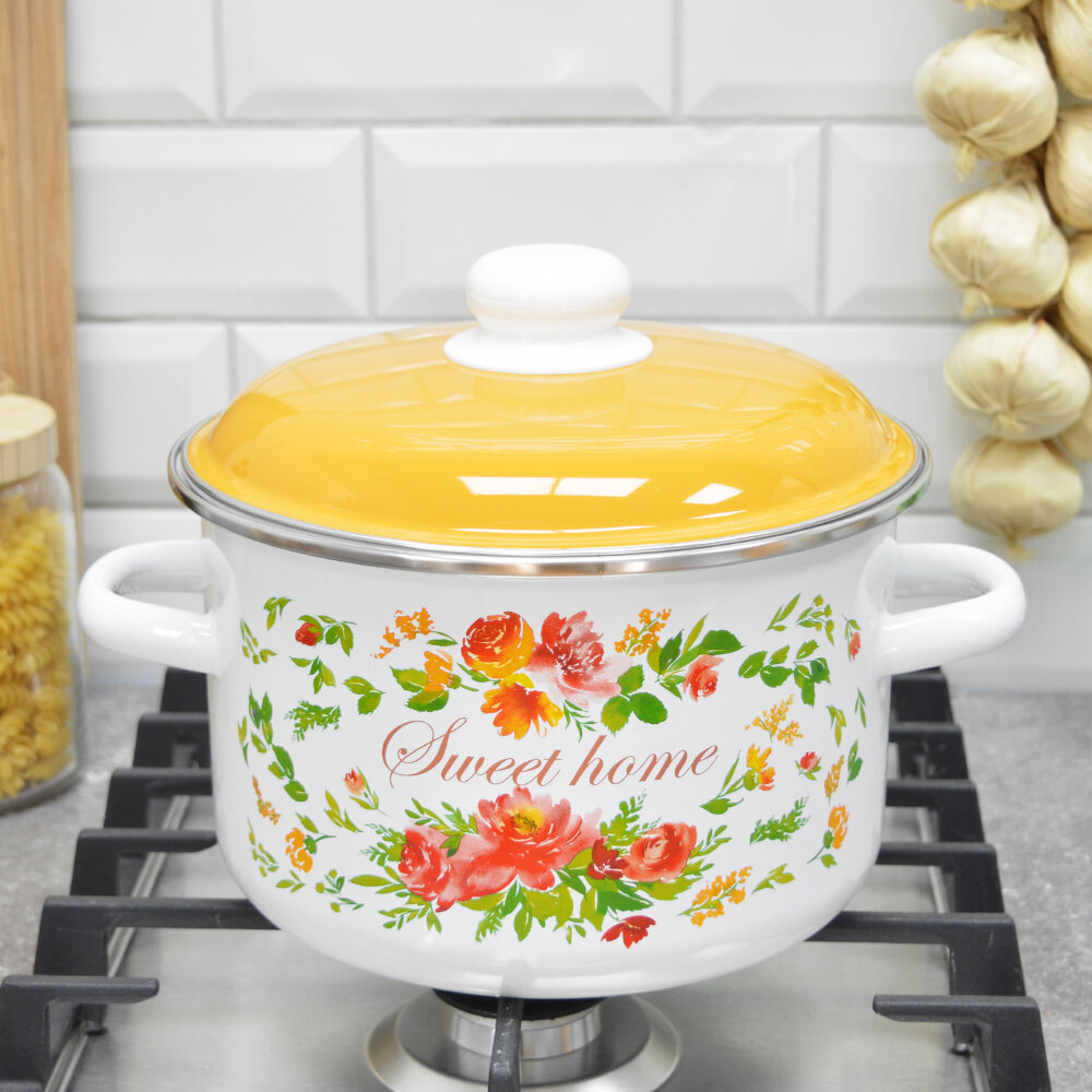 Кастрюля эмалированная 4л "Милый дом", сталь, белая, с крышкой, для всех плит