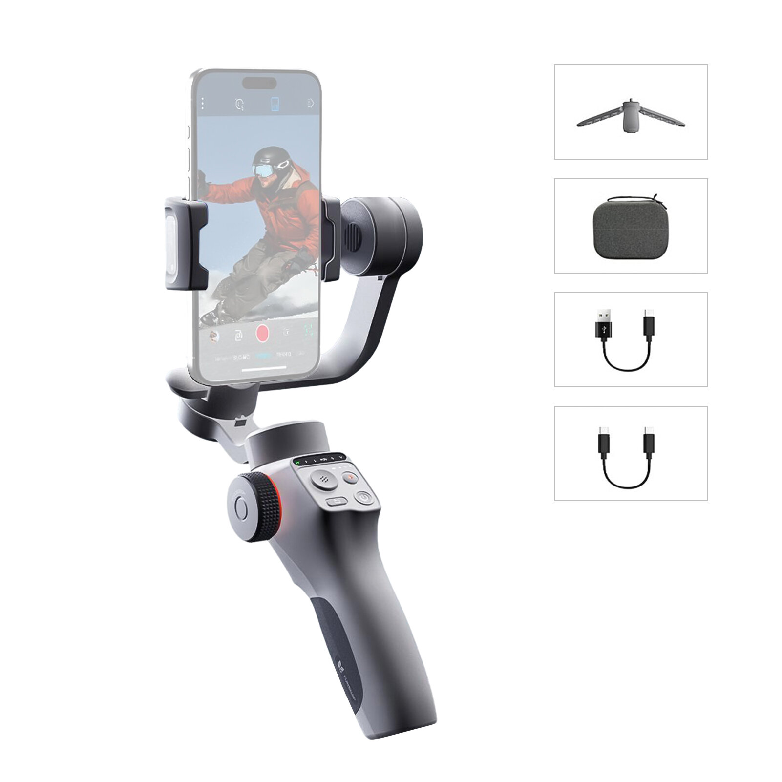 FUNSNAP Capture 5 3-Axis Stabilizer Gimbal с LCD экраном для смартфонов, грузоподъемность 450g/0.99lbs, chốngотрыв, поддержка Bluetooth, управление через приложение, штатив, совместим с iPhone, вес 550g, поддерживаемая ширина телефона 50mm-90mm, батарея